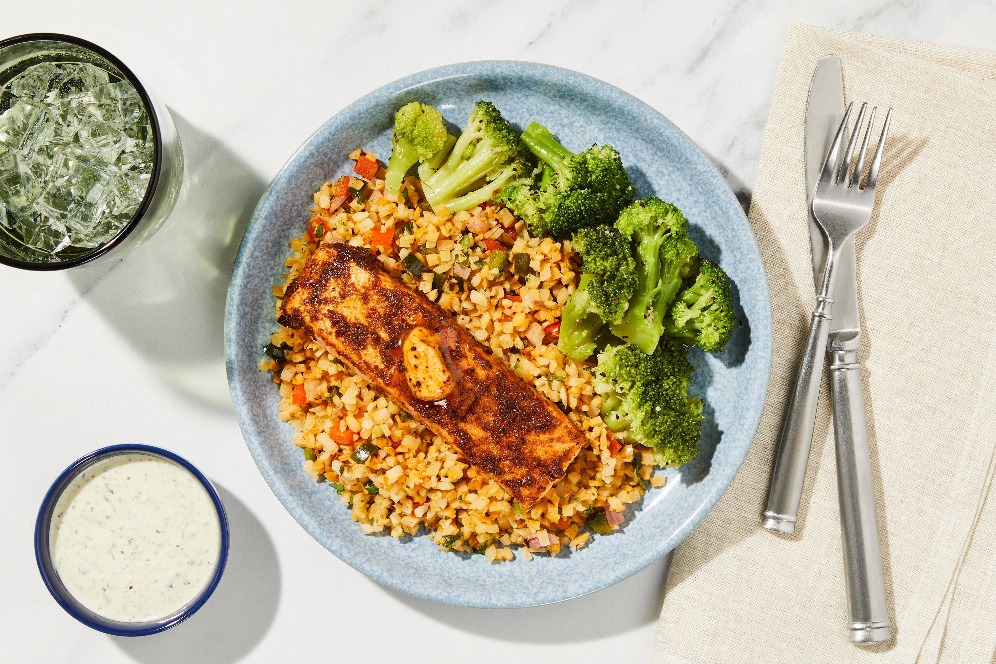 Baja Salmon with Cauliflower “Rice,” Broccoli & Jalapeño Lime Crema ...