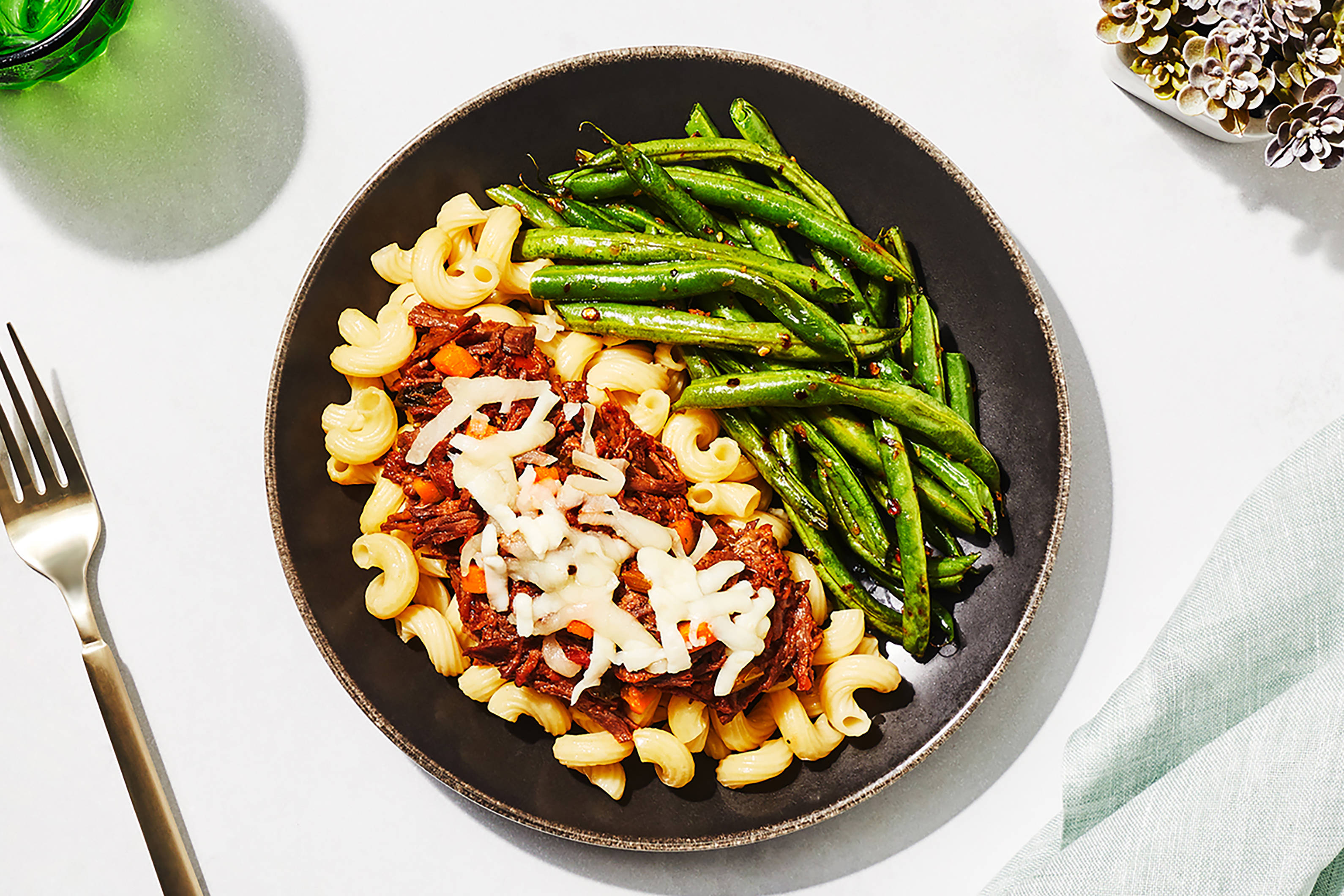 Braised Beef Ragu Pasta with Calabrian Roasted Green Beans - Factor