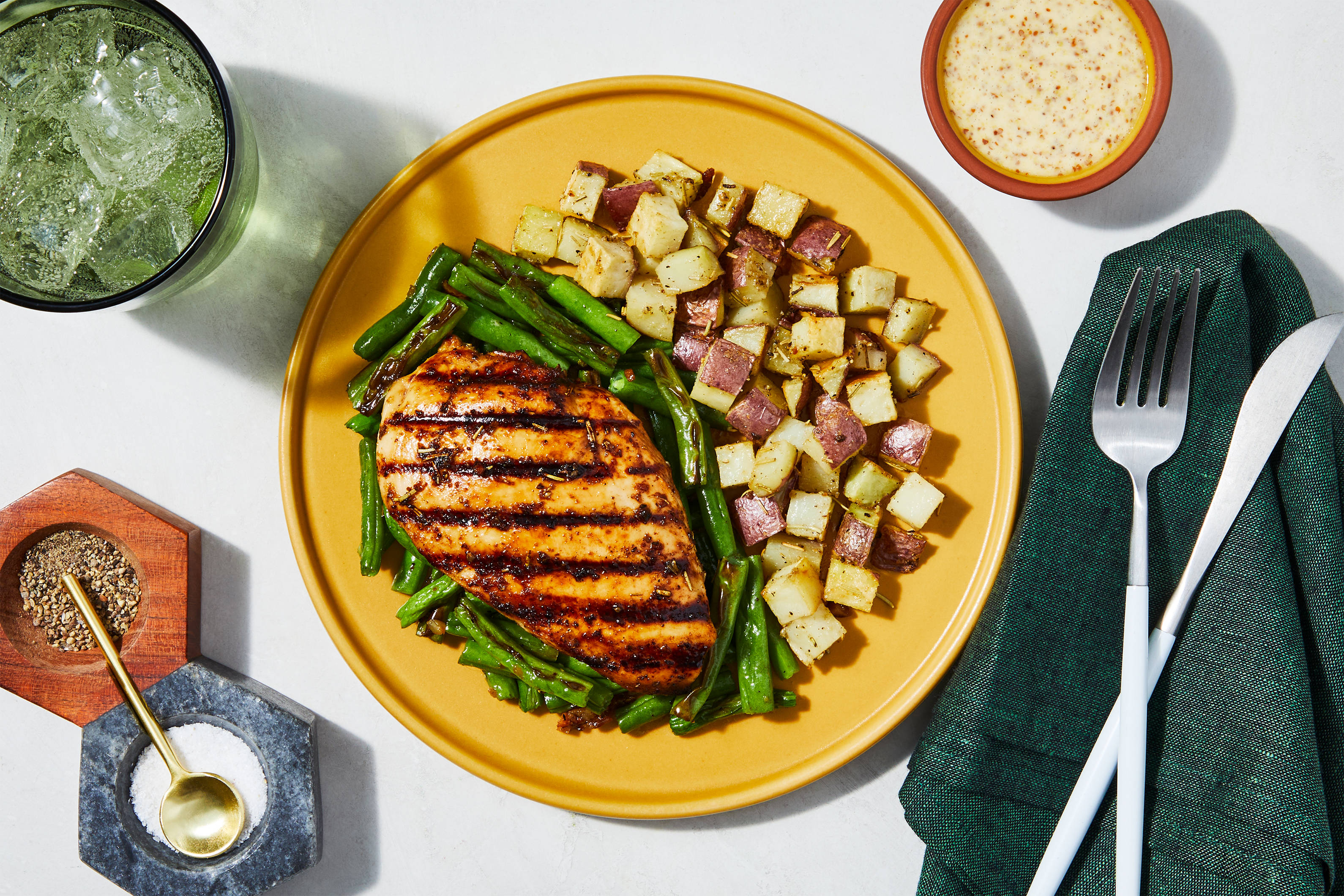 Honey Mustard Chicken with Roasted Rosemary Potatoes & Garlic Green ...