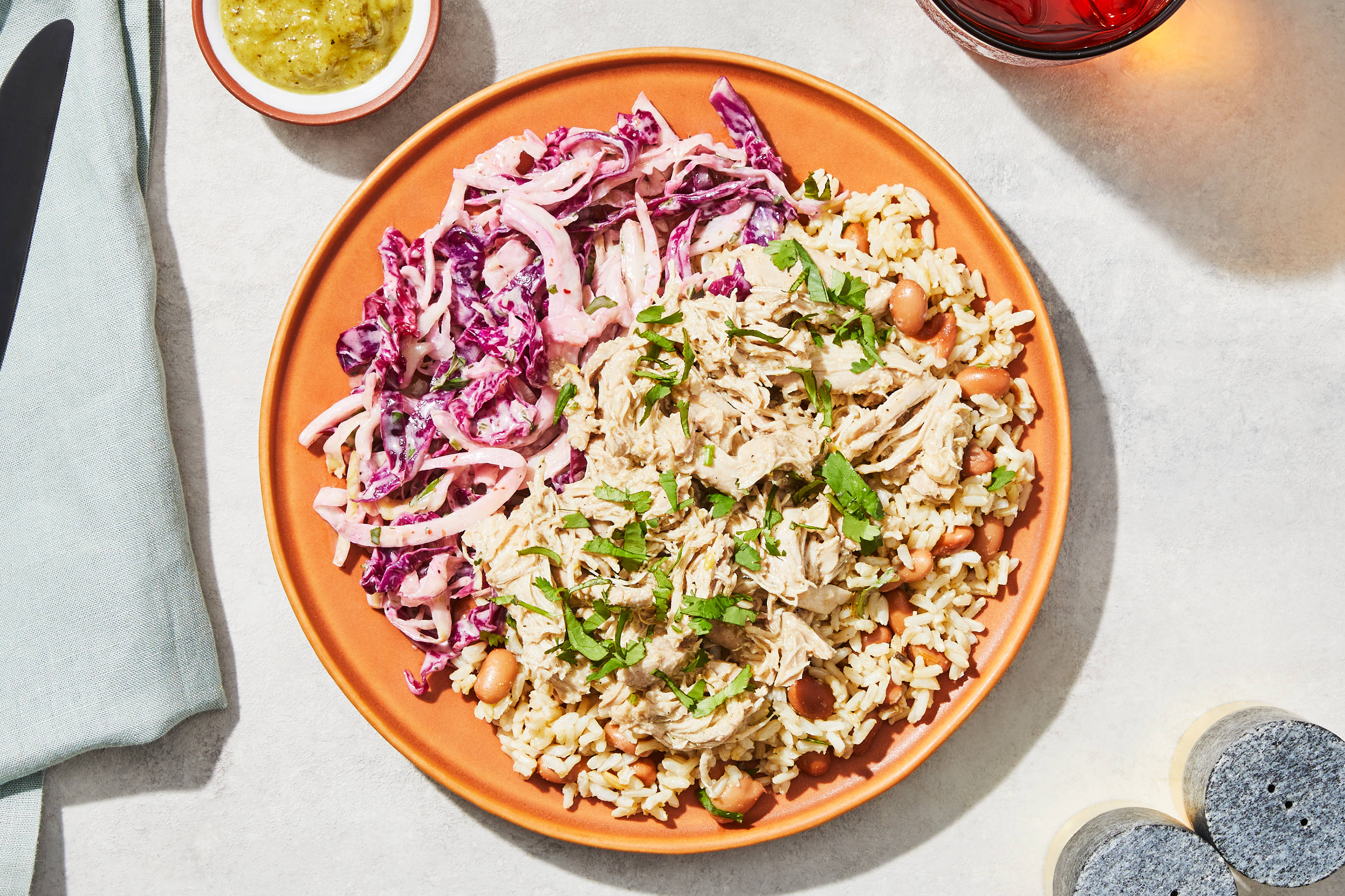 Peruvian Shredded Chicken Thighs with Rice & Beans, Slaw & Poblano ...