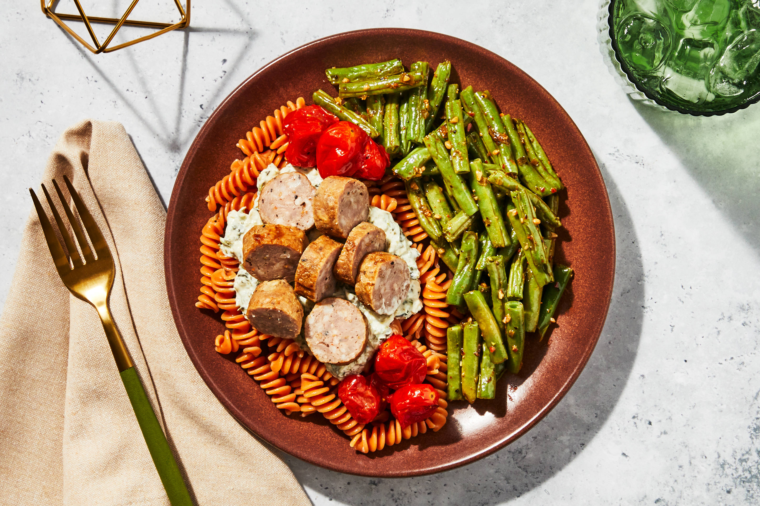 Sausage & Creamy Spinach Fusilli with Chile Garlic Green Beans ...