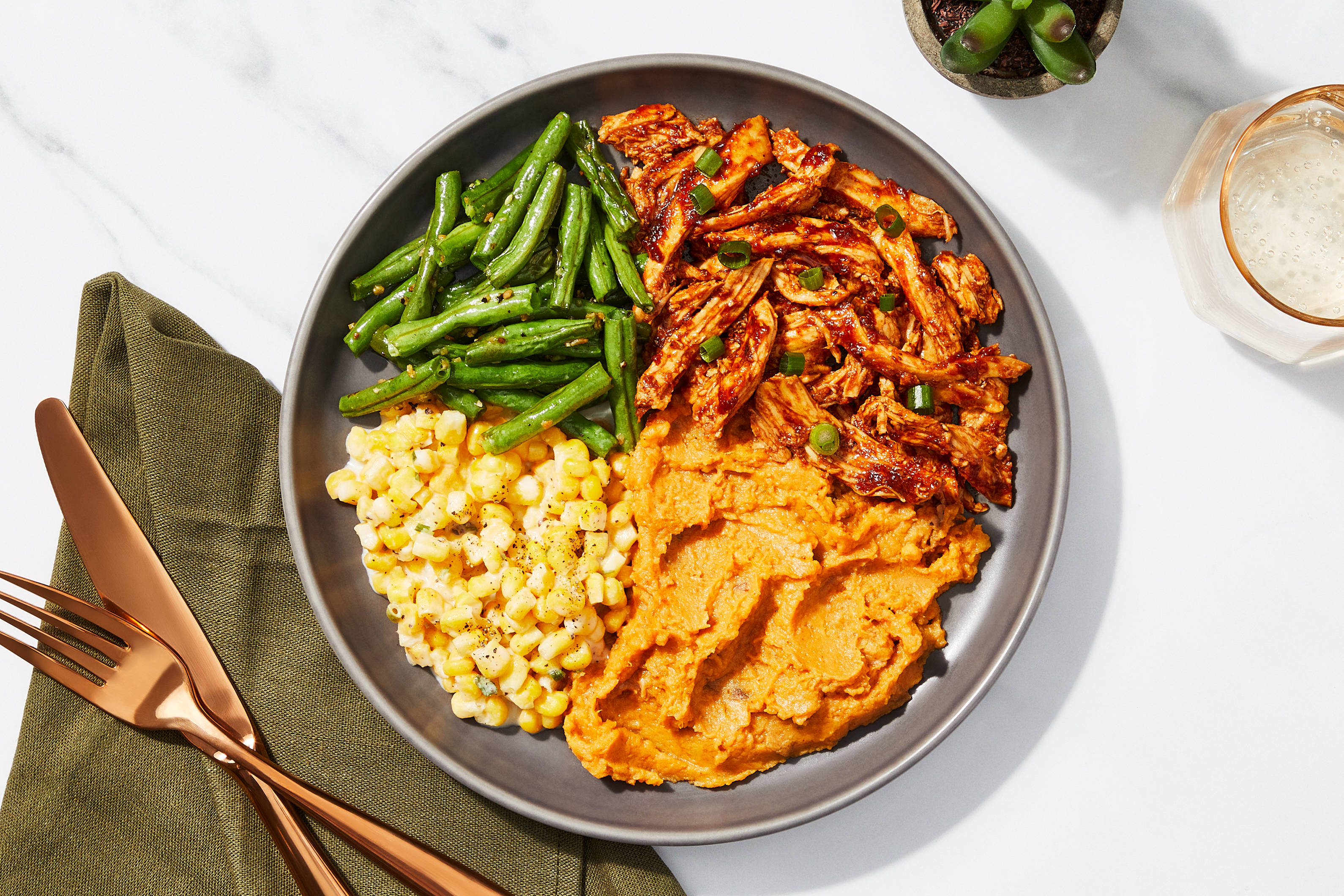 Shredded BBQ Chicken & Sweet Potato Mash with Honey Buttered Corn ...