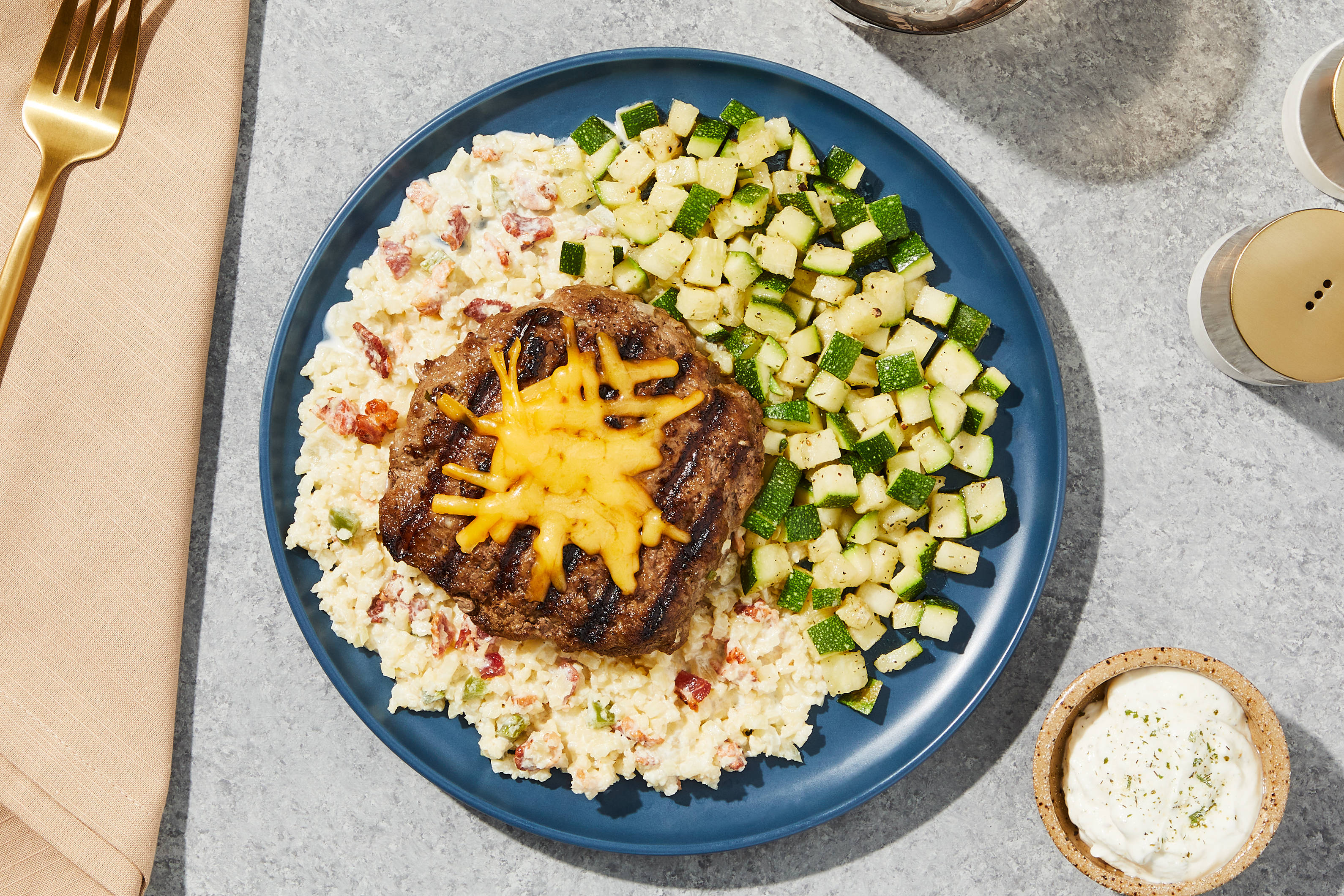 Texas Cheddar Burger with Bacon Jalapeño Cauli “Grits", Zucchini ...