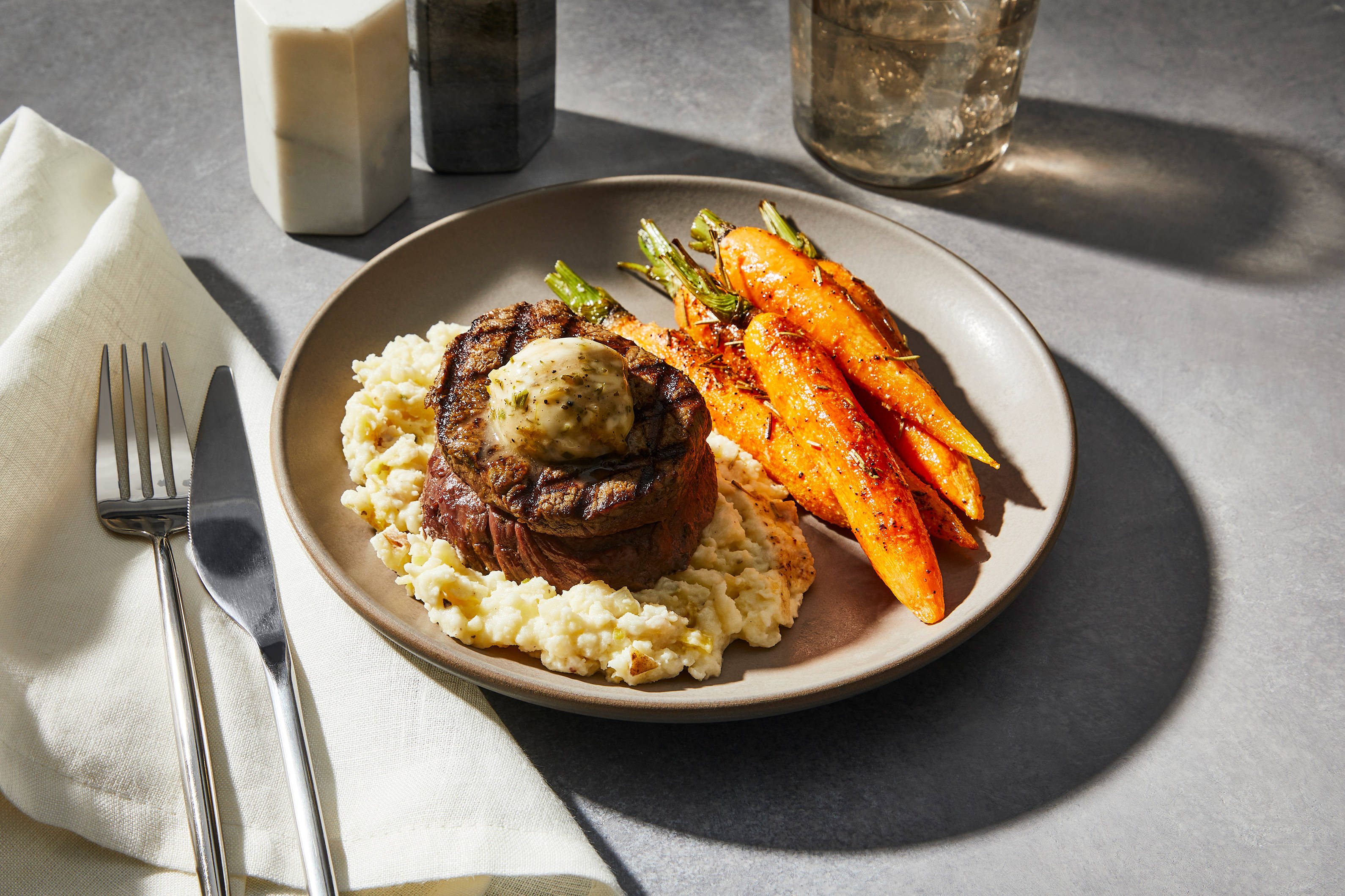 Truffle Butter Filet Mignon with Potato-Leek Mash & Roasted Carrots ...